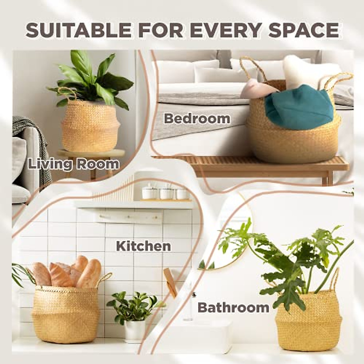 Yes4All Woven Seagrass Plant Basket, Handwoven Belly Basket For Plants, Wicker Planter Basket, Foldable Seagrass Belly Basket for Storage, Large Plant Baskets Indoor (Large Size 13.4 inches)