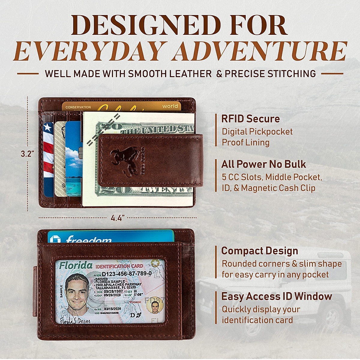 BULL GUARD Leather Magnetic Money Clip Wallet for Men with RFID Blocking Anti-Theft Protection, Durable Slim Front Pocket Card Case with ID Window