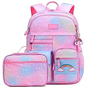 Wraifa Girls Backpack Elementary School Backpacks for Girls Cute Princess Preschool Middle School Bag Kids Bookbag (Z-Heart Pink With Lunch Box)