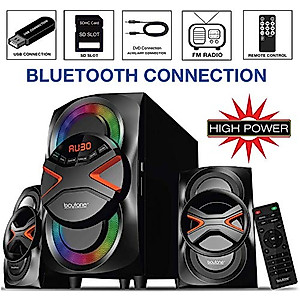 Boytone BT-626F, 2.1 Bluetooth Powerful Home Audio Speaker System, with FM Radio, SD Slot, USB Ports, Digital Playback, 54 Watts, Disco Lights, Remote Control, for Smartphone, Tablet. 110/220V