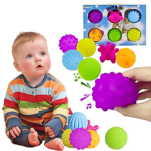 ROHSCE Baby Textured Multi Ball Set, 6pcs Colorful & Bright Child Touch Hand Ball Toy Infant Sensory Balls Massage Soft Ball, 6-12 Months Baby Learning Grasping Soft Sensory Toys for Kids Gift
