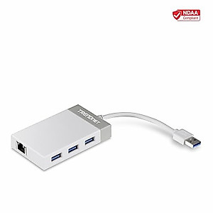 TRENDnet 3-Port USB 3.0 Hub, TU3-ETGH3, Compact USB to Ethernet Adapter, 3 x USB 3.0 Ports, 1 x RJ-45 Gigabit Ethernet Port, Supports XP, Vista, Windows, Mac OS 10.6-10.9, Nintendo Switch, White