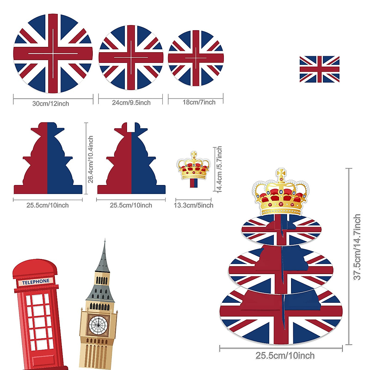 Lide Road 3 Tier British Party Cupcake Stand British Flag Cake Stand United Kingdom Party Cardboard Cake Tower Stand UK England Round Cupcake Tower for British National Day UK Theme Party Supplies