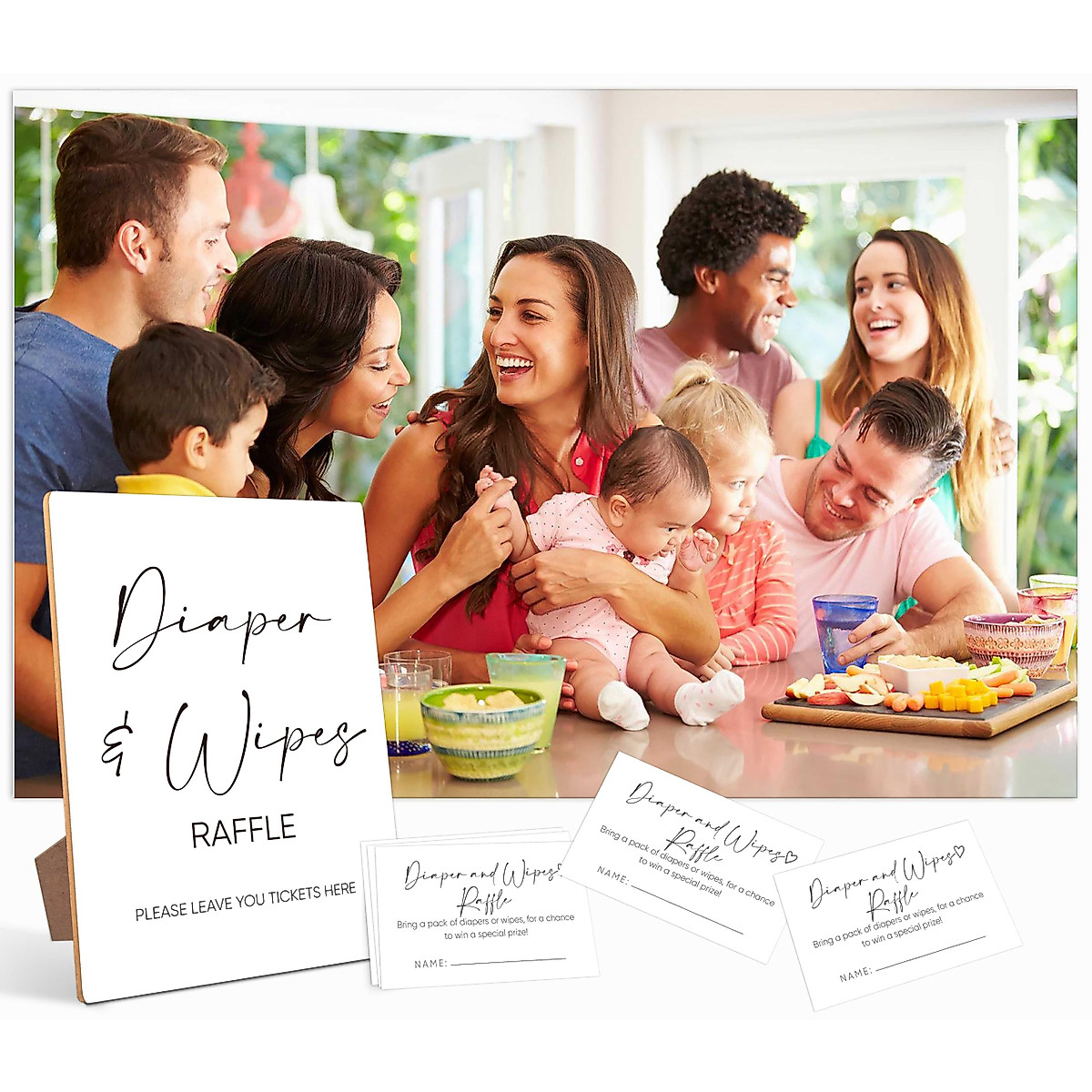 Diaper And Wipes Raffle Baby Shower Games,Baby Shower Decorations,Baby Shower Signs,Gender Reveal Decorations,Baby Shower Bingo,1 Wooden Play Sign with Stand and 50 Raffle Tickets Set