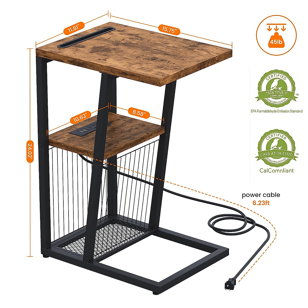 Heybly Side Table, C Shaped Nightstand End Table with Charging Station and Phone Holder,2 USB Ports and Power Outlets, Snack Sofa Couch Tables for Small Spaces, Rustic Brown HET001CSR1