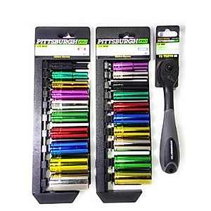 SAE/METRIC Deep Wall Color Coded Socket Sets With Composite Ratchet BUNDLE (3/8")