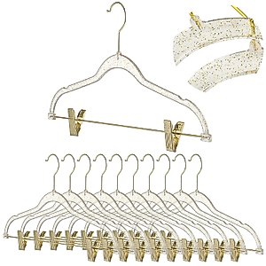 Hoolerry 10 Pcs Clear Hangers with Clips Acrylic Glitter Hangers 17 x 8 Inches Plastic Skirt Pants Hangers with Non Slip Notches Adjustable Clips Coat Hanger for Clothes Skirt Trousers Jeans (Gold)