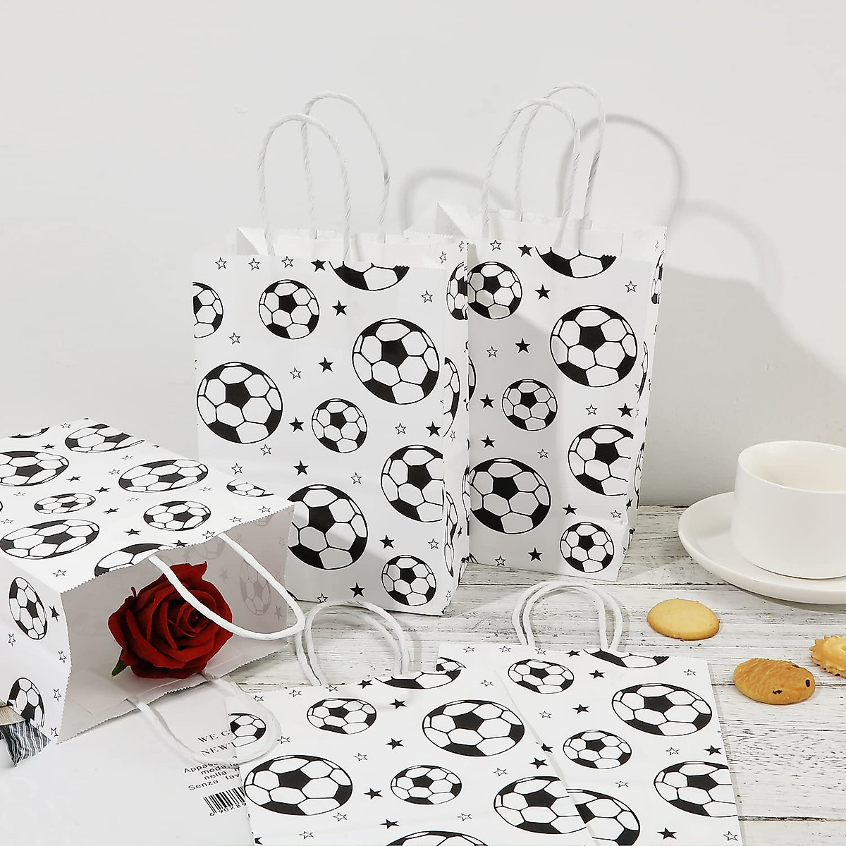 16pcs Soccer Party Favor Paper Bags, White Football Gift Bag Football Themed Party Bags with Handles Soccer Goodie Bags Treat Candy Bags for Kids Adults Soccer Party Supplies