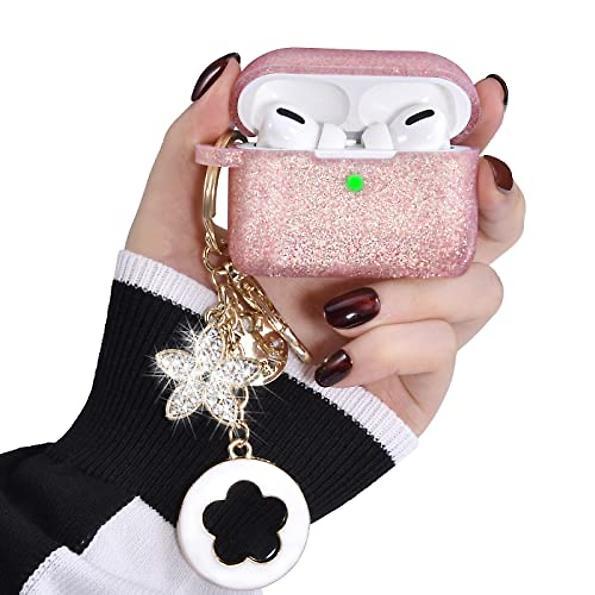 Bling AirPods Pro Case 1st Gen-VISOOM Silicone Cute Cover Women for Apple iPod Pro Charging Case Protective Air Pod Pro case Glitter Earpods Case with Keychain Rose Gold