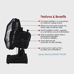 Uninex EK800BKFNSKU Patented Oval Oscillating Up and Down Table Fan, 2-Speed, Compact, ETL Listed, 8-Inch, Black