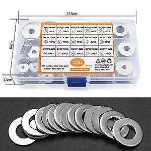 230 Pcs Stainless Steel Large Fender Washers, 15 Sizes Flat Penny Washers Assortment Kit for Car Ship Assembly, Furniture Installation, Electrical Connections, DIY Project (230)