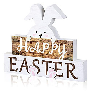 Jetec Happy Easter Bunny Table Sign Easter Wooden Block Table Sayings Easter Wooden Table Decor Rustic Farmhouse Bunny Holiday Decorations for Spring Easter Decor (White, Wooden Color)