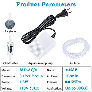 MingDak Mini Quiet Aquarium Air Pump for 1-15 Gallon Fish Tank,Oxygen Fish Aerator Pump Kit 1.5W with Airline Tubing & Check Valve & Air Stone Bubbler Accessories White