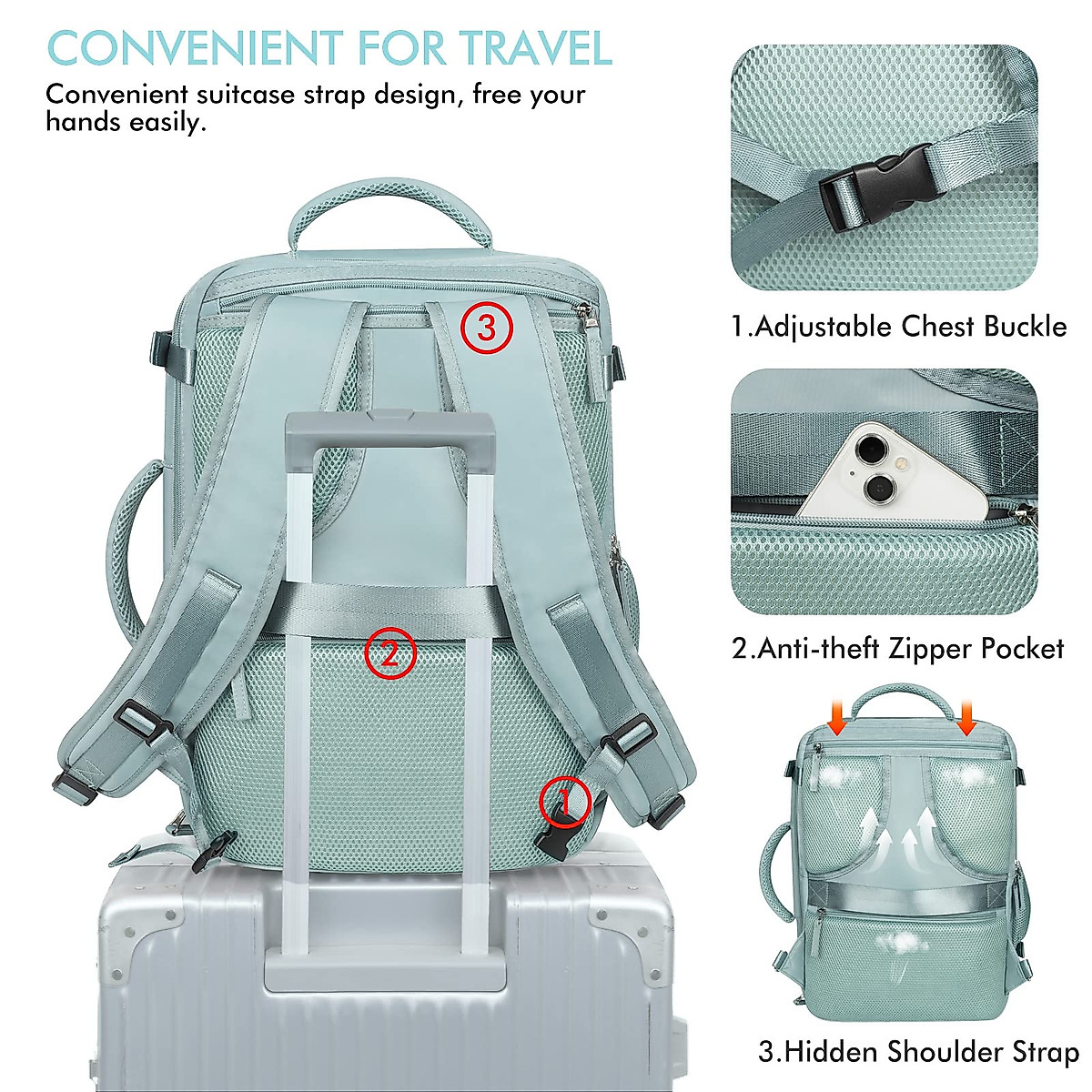 Beraliy Large Travel Backpack for Women Airline Approved, Carry On Backpack,17.3 Inch Laptop Backpack, Personal Item Bag Casual Daypack Backpacks,Mint Green