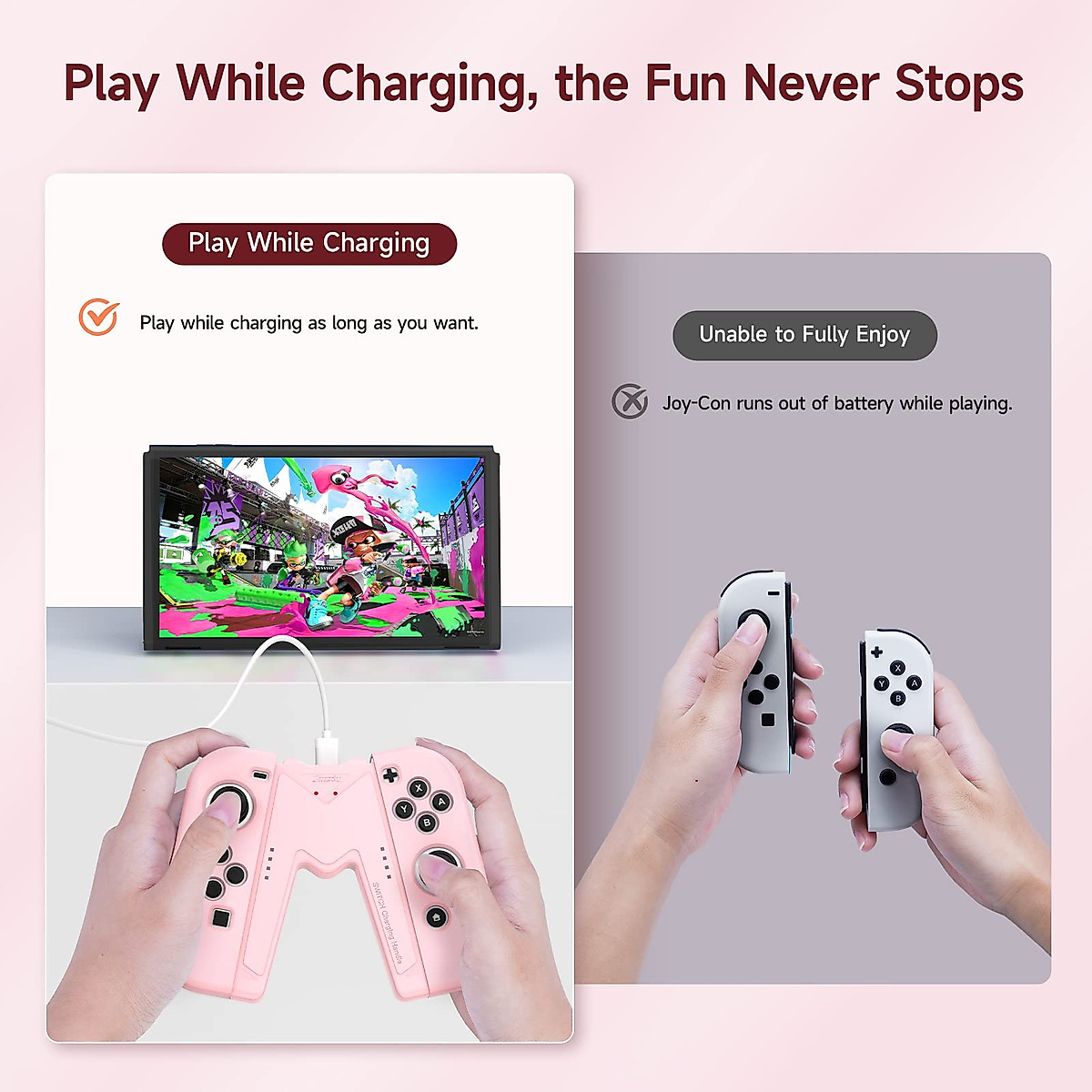 JINGDU Switch Joy-Con Charging Grip Compatible with Nintendo Switch & OLED Model, Play While Charging, Portable V-Shaped Switch Joy-Con Controller Charger with Indicators, Pink