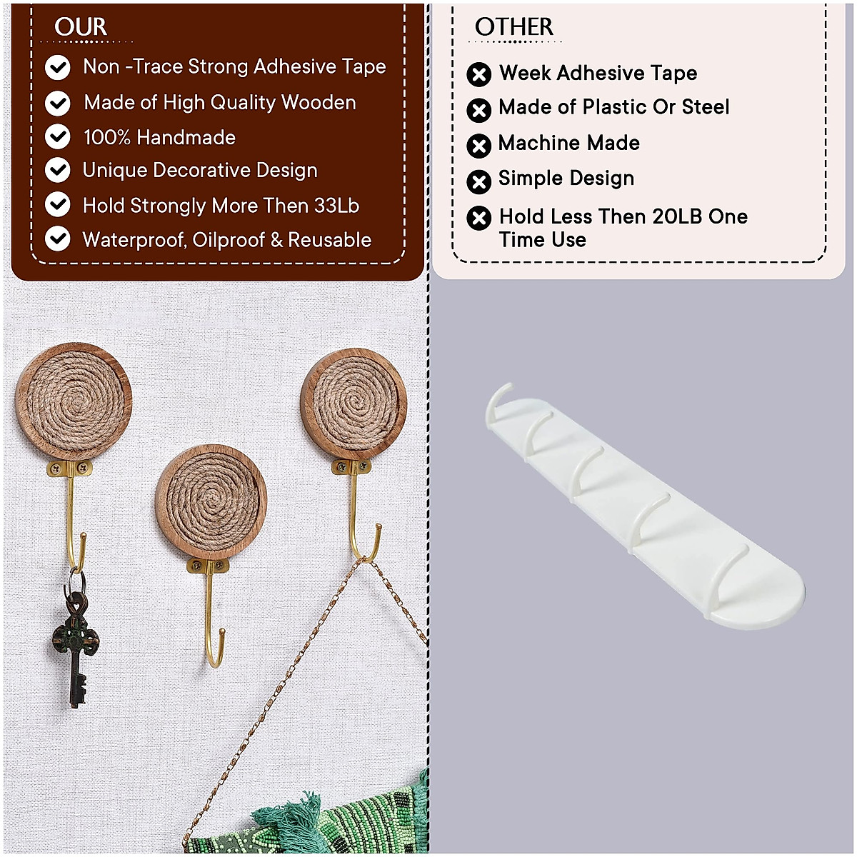 Indian Shelf 3 Piece Wood Boho Wall Hooks for Hanging Coats, Bags, Backpack Decorative Key Holder Unique Coat Rack Wall Mounted Natural Brown Rattan Key Hooks