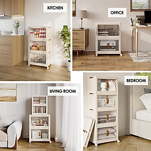 3 Pack Stackable Storage Bins with Lids 8.8 GAL - Collapsible Storage Bins Open Front & Top Home Office Closet Storage Organization, Foldable Plastic Clothes Storage Cabinet 360° Wheels, White 35 QT