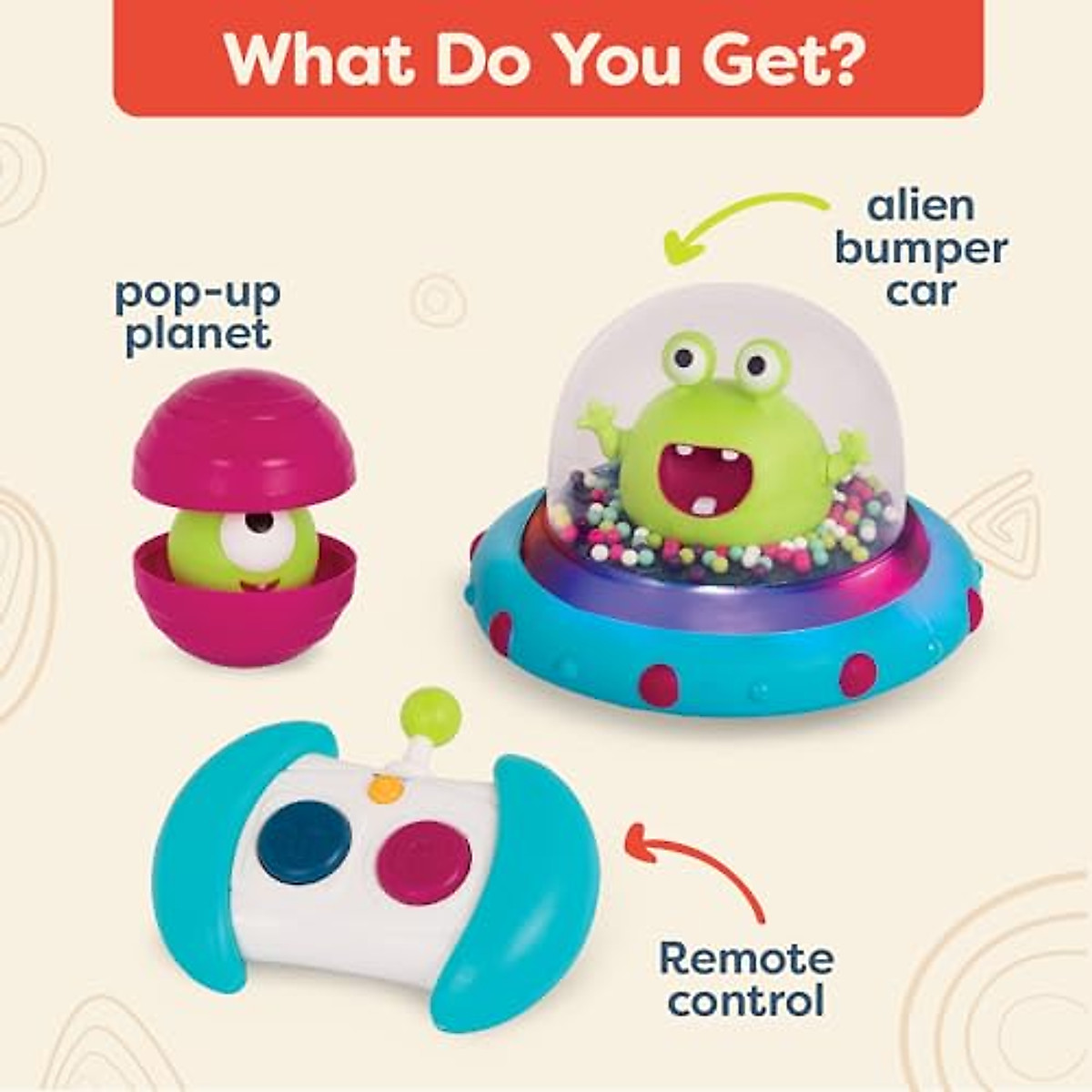 B. toys- Vehicle Bumper Space Car-Light-Up- Simple Remote Control Car for Toddlers with Alien Driver- Marky Mars- 12 months +