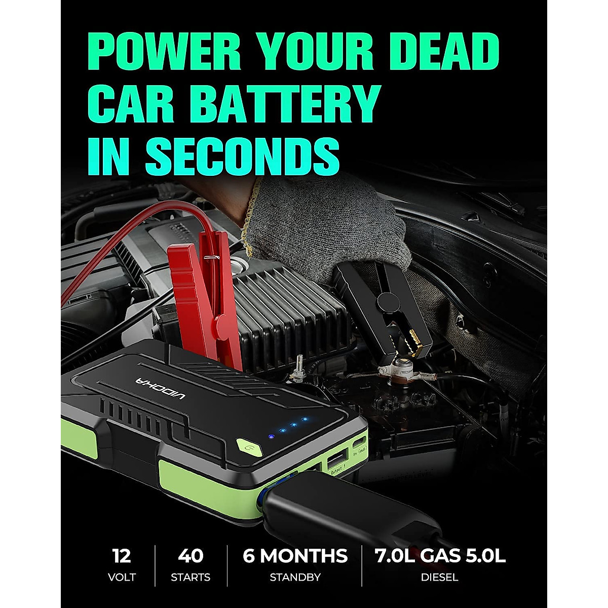 YuanKanJu Sudopo Portable Car Jump Starter 1000A Battery Booster, VIDOKA 12V Jump Starter (Gas Engines up to 7.0L, Diesel up to 5.5L) with Smart Clamp Cables, USB Quick Charge, LED Flashlight