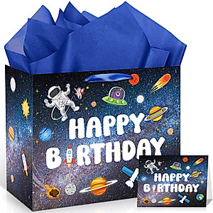 Outer Space Birthday Gift Bag for Kids, Blue Gift Bag with Card Tissue Paper Rocket Planet Gift Bag Birthday Wrapping Paper Bags Outer Space Party Gift Bag Decorations for Boys Girls Birthday Party