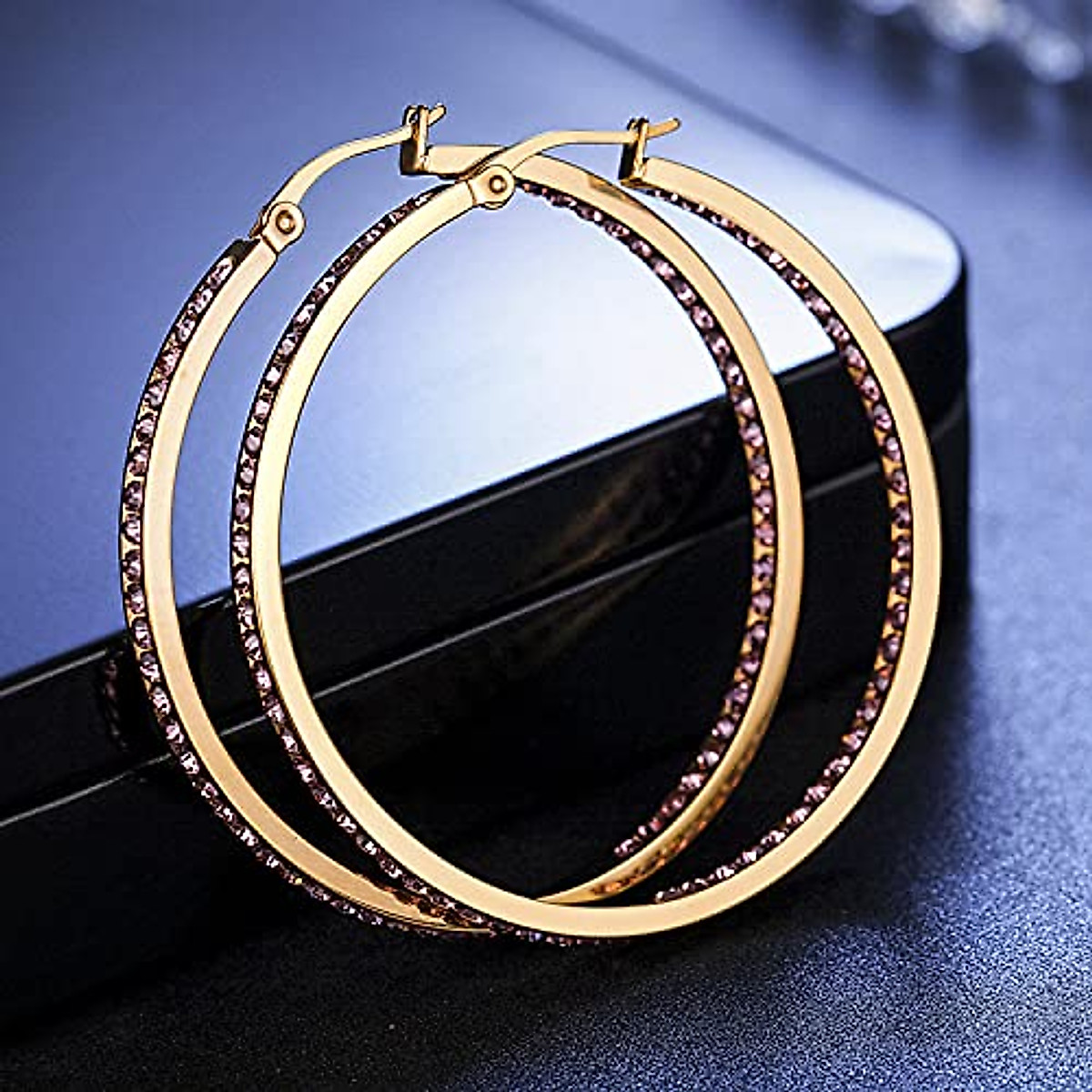weinuo 2 Inch Stunning Gold Plated Stainless Steel Pink Cubic Zirconia Hoop Earring for Women Hypoallergenic Jewelry for Sensitive Ears Large Big Hoop Earrings 50MM