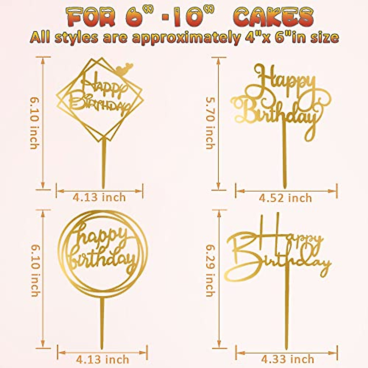 10-Pack Happy Birthday Cake Toppers,Gold Cake Toppers Acrylic Birthday Cake Supplies,4inchx6inch (Gold)