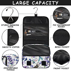 Dragonfly Purple Flower Travel Toiletry Bag Cosmetic Makeup Bag for Women Men Hanging Hook Wash Toiletries Portable Toiletry Bags Organizer