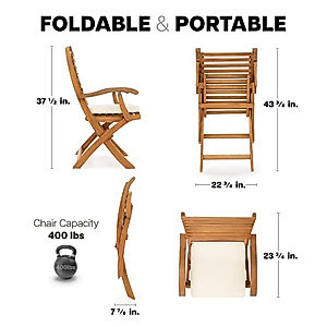 IDZO, Percy Wood Folding Chairs Heavy Duty 400lbs Capacity Set of 2 w/Cushion, FSC Acacia Outdoor Furniture, Teak Finish, Fully Assembled, Beige
