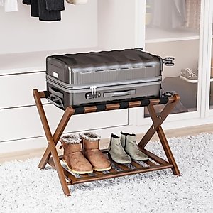 Smart FENDEE Fully Assembled Walnut Luggage Rack with Storage Shelf, Folding Suitcase Stand with 5 Heavy-Duty Straps, Large Wooden Luggage Holders for Guest Room Must Haves, Ideal for Bedroom, Hotel