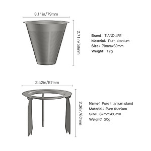 TIANDLIFE Pour Over Coffee Dripper Titanium Slow Drip Coffee Filter Metal Cone Paperless Reusable Single Cup Coffee Maker 1-2 Cup With Non-slip Cup Stand (Titanium Coffee Filter)