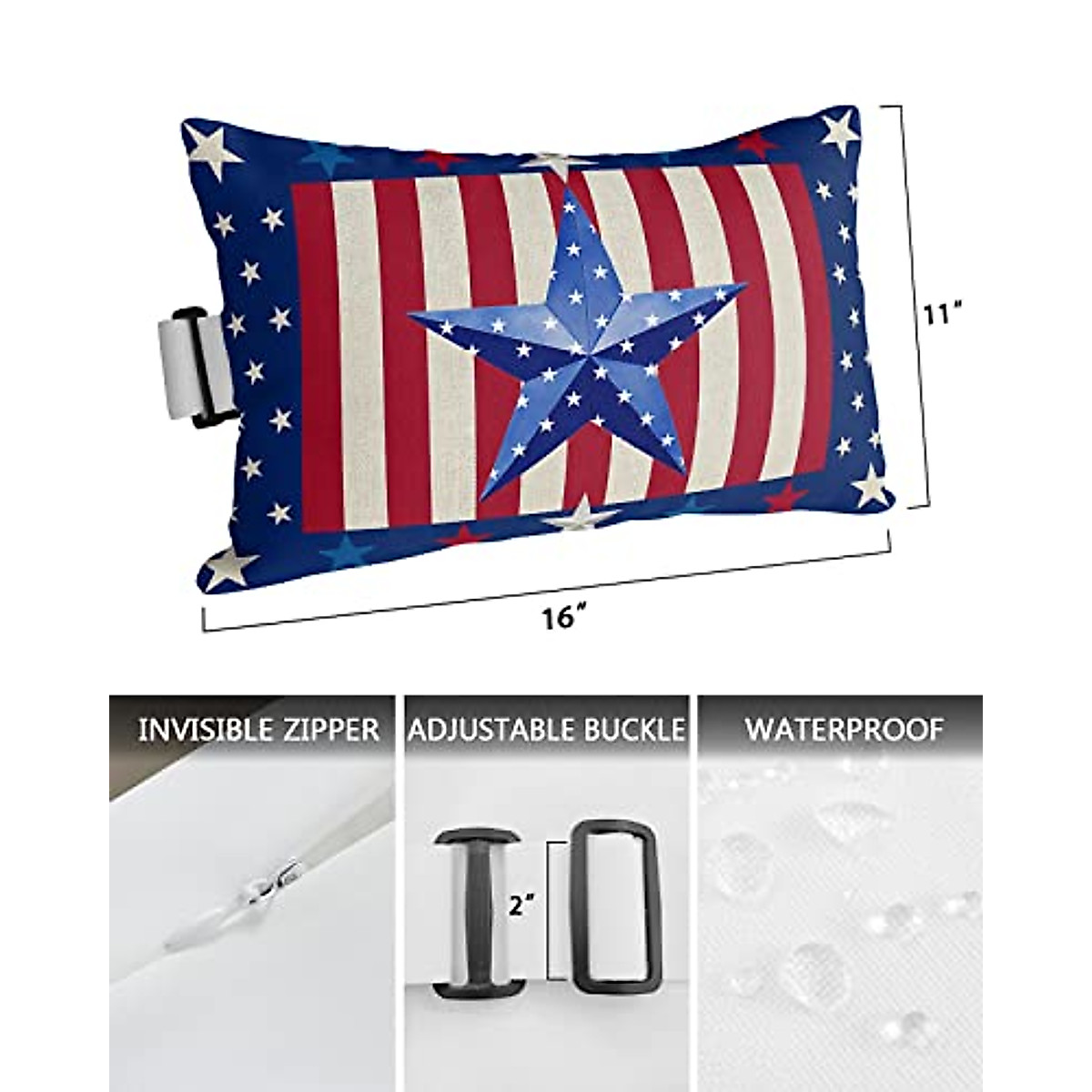 Recliner Head Pillow Ledge Loungers Chair Pillows with Insert USA Flag 4th of July Stars Blue Red Stripe Retro Farmhouse Lumbar Pillow with Adjustable Strap Patio Cushion for Sofa Bench Couch, 2 PCS