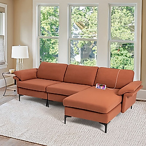 Giantex 100.5" L Convertible Sofa Couch, 3-Seat Sectional Sleeper with USB Ports & Socket, Storage Box, Metal Leg, L-Shaped Modular Sofa Reversible Chaise Lounge, for Living Room Bedroom Office Red