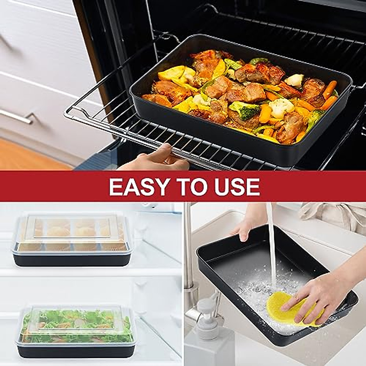 P&P CHEF Baking Pans with Lids Set, 9.7 x 12.5 Inch Rectangular Cake Baking Pan for Lasagna Brownie Bread, Stainless Steel Core & Nonstick Surface, Oven & Freezer Safe, 4Pcs - 2 Pans & 2 Lids