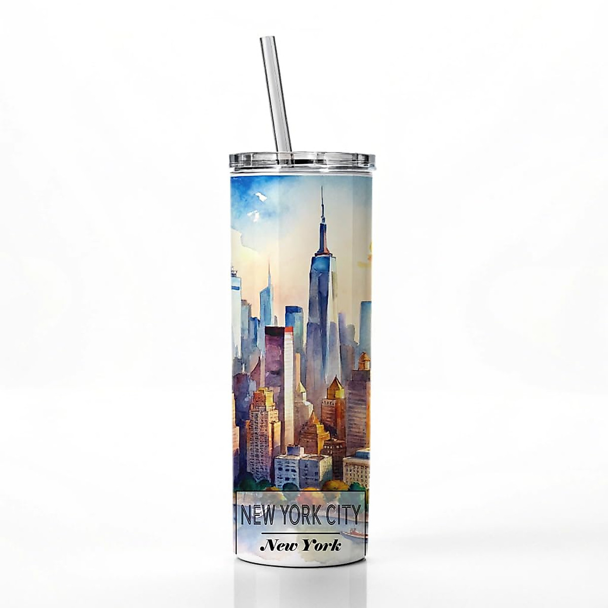 New York City NYC Travel Watercolor Skinny Tumbler 20oz with Straw Insulated Water Bottle Gift