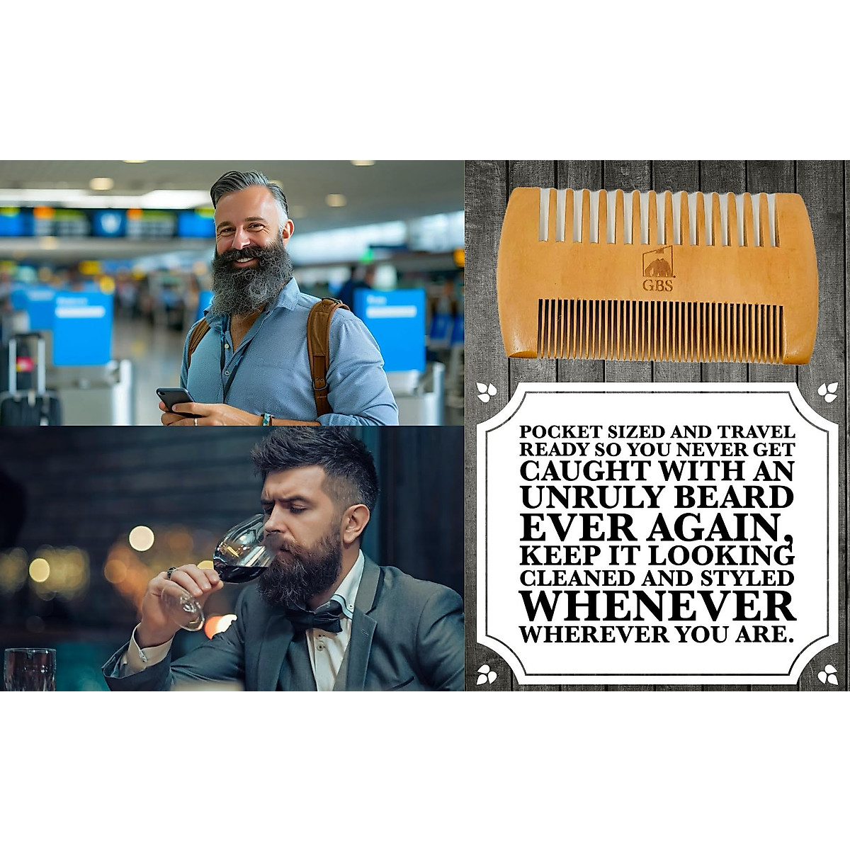 G.B.S 2 Sided Beard Comb - Pocket Sized Wooden Beard & Mustache Comb with Fine & Coarse Teeth - Perfect for Use with Beard Balms, Mustache Wax and Oils (Pack of 3)