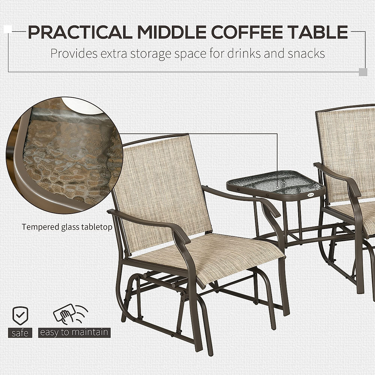 Outsunny Outdoor Glider Chairs with Coffee Table, Patio 2-Seat Rocking Chair Swing Loveseat with Breathable Sling for Backyard, Garden, and Porch, Light Brown