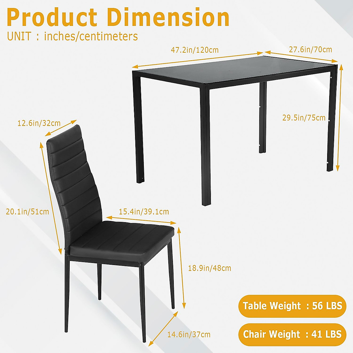 Ruesleag Dining Table Set 5-Piece Dining Room Glass Tabletop Table &Upholstered Chairs for 4 Modern Kitchen Table with Chairs Space-Saving Home Furniture for Dining Room Kitchen Living Room,Black