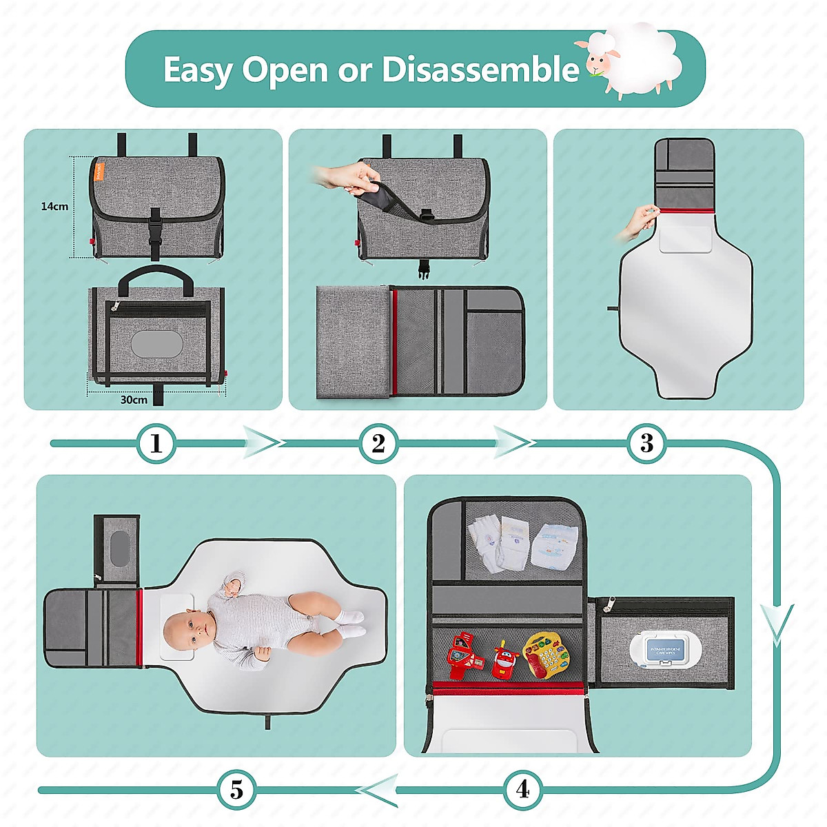 Smart eLf Large Portable Diaper Changing Pad for Newborn, Travel Changing Station with Detachable Waterproof PEVA Mat - Perfect Baby Shower Gifts