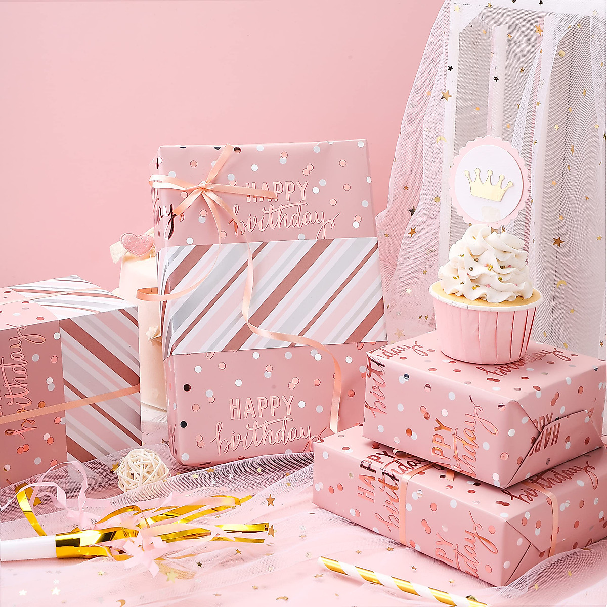 LeZakaa Reversible Birthday Wrapping Paper Roll - Happy Birthday Lettering & Stripe Design with Metallic Foil in Pink - 17 inches x 32.8 Feet (46.45 sq.ft.)