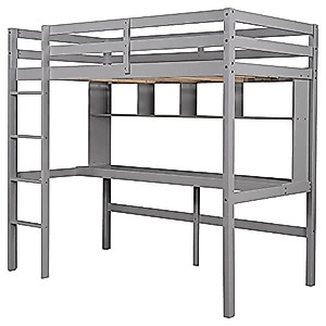 DEYOBED Twin Size Wooden Loft Bed Frame with Desk and Shelves - Create an Efficient and Stylish Workspace for Kids, Teens, and Adults