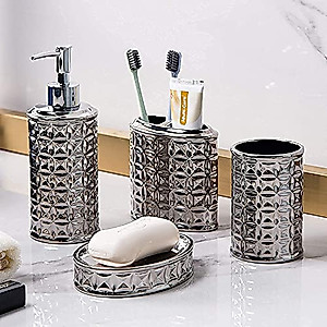 BASDHE Bathroom Accessories Set-5 Piece Ceramic Gift Set Toothbrush Holder,Toothbrush Cup,Soap Dispenser,Soap Dish,Trash Can, Set Bathroom (Grey)