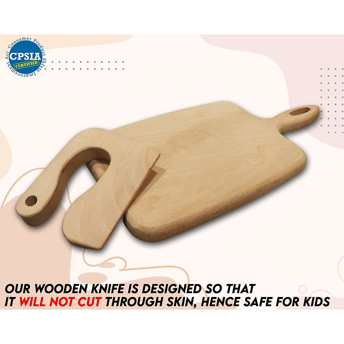 Wooden Kids Chopper Set Cutting Board and Safe Wooden Kids Knife Natural Thick Montessori Knife for Kids Toddlers Kitchen Tools Vegetable and Fruit Cutter Cooking 2Pcs
