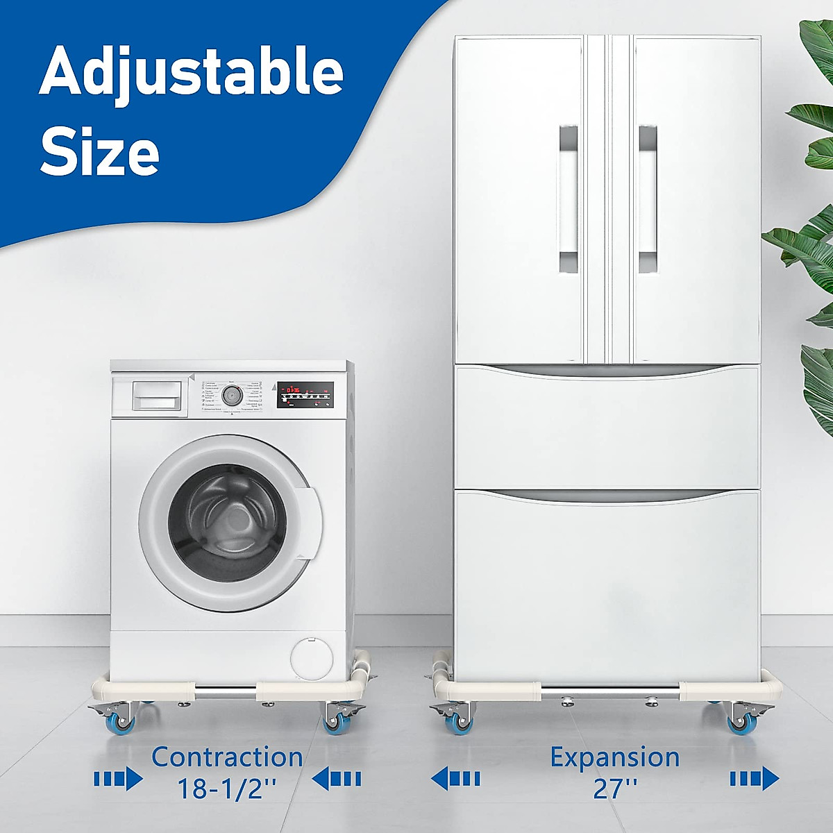 Furniture Dolly Mobile Roller with 4 Locking Wheels by DAILYLIFE, Adjustable Washing Machine Stand Refrigerator Base Dryer Stand Moving Cart, White