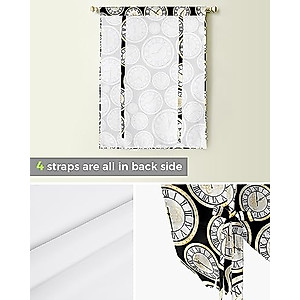 AMZRicher Gold Floral Tie Up Curtains for Window, Black White Clock Minimalist Geometry Thermal Insulted Balloon Shade Adjustable Rod Pocket Curtains Valance Panels for Kitchen Bathroom Café 46 x 63