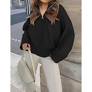 ZESICA Women's 2023 Winter Long Sleeve 1/4 Zipper V Neck Loose Fuzzy Knitted Chunky Warm Pullover Sweater Jumper Tops,Black,Large