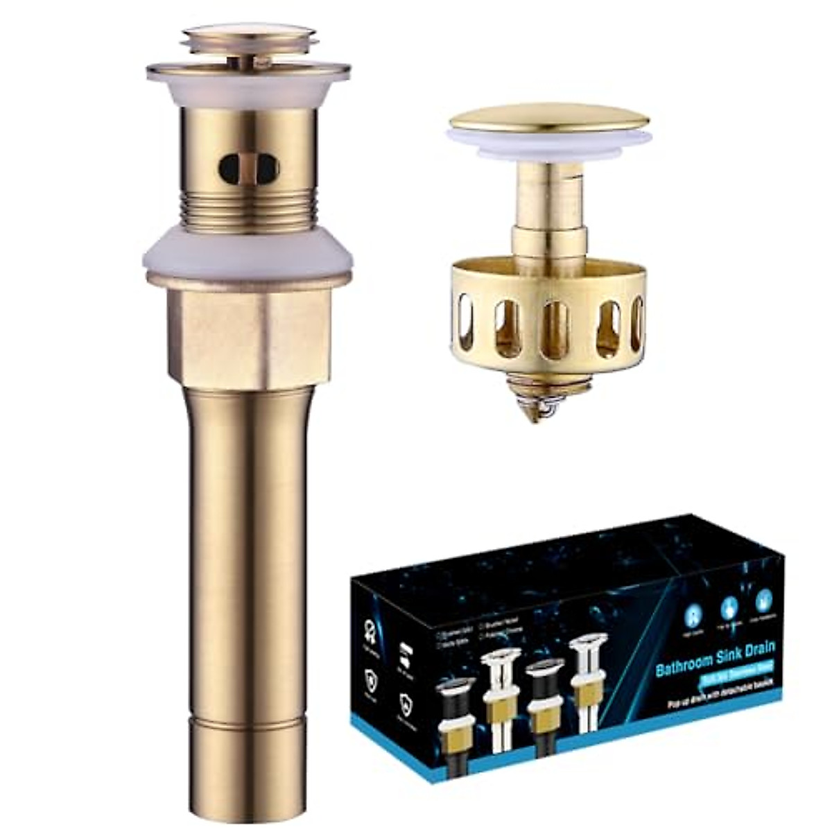 Bathroom Sink Drain with Overflow, Brushed Gold Sink Drain for Bathroom Sink, Universal Stainless Steel Gold Sink Drain, Pop Up Drain Stopper with Detachable Basket