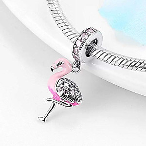 YUHE Pink Flamingo Charm 925 Sterling Silver Beads with Clear CZ Fit Women Pandora Style Bracelet,for Thanksgiving/Christmas Day