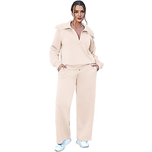 XIEERDUO Lounge Set For Women 2024 Winter Zip Up Sweatshirt And Wide Leg Sweatpant Apricot M
