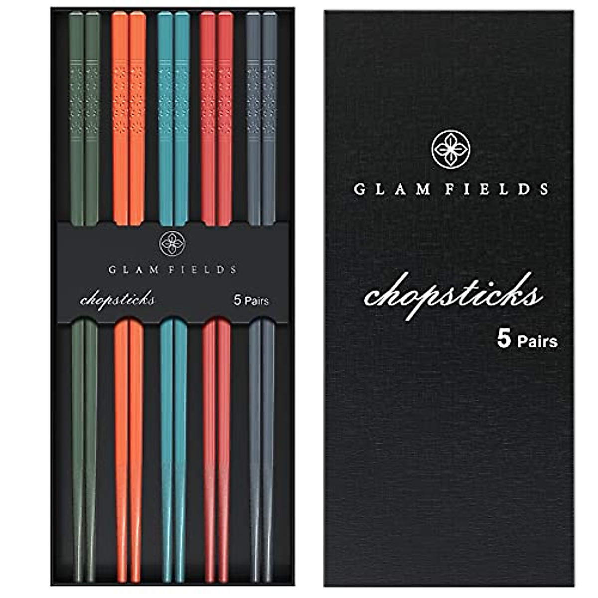 Chopsticks, GLAMFIELDS 5 Pairs Premium Reusable Multicolour Chopsticks for Sushi Japanese Matte Anti-slip Chop Sticks with Gift Case Lightweight Dishwasher Safe, 9.6 Inch