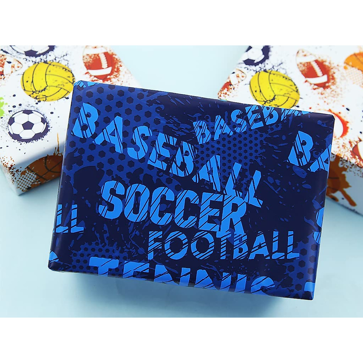 Sports Gift Double Side Reversible Wrapping Paper 4 Sheets Folded Flat 20x30 inches per sheet, Rugby Basketball Tennis Baseball Football Soccer Volleyball Gift Wrap Paper For Boys Men Women Kids Unique Xmas Decorative Paper and Birthday Holiday